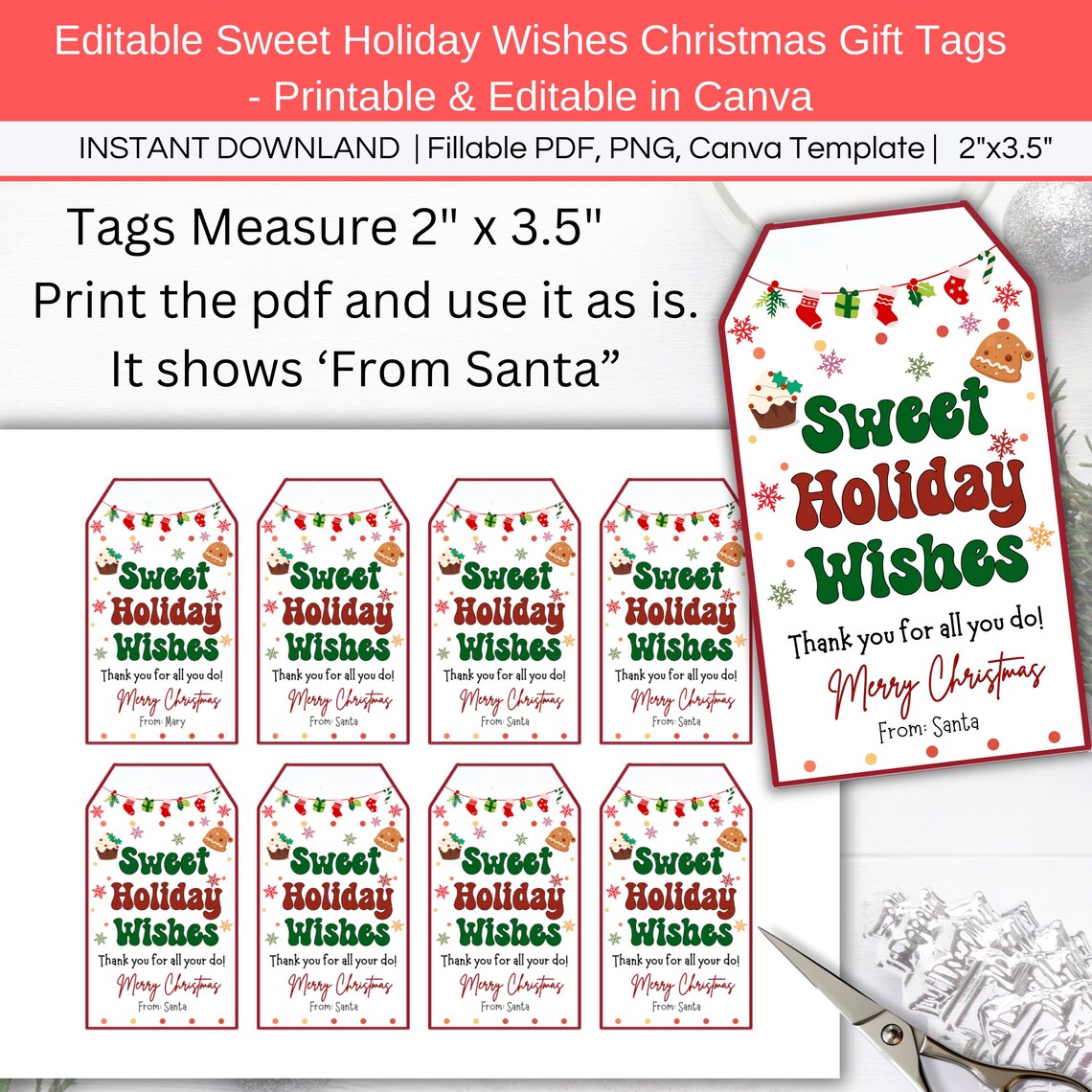 Sweet Holiday Wishes Christmas Gift Tag Printable, Editable Holiday ...
