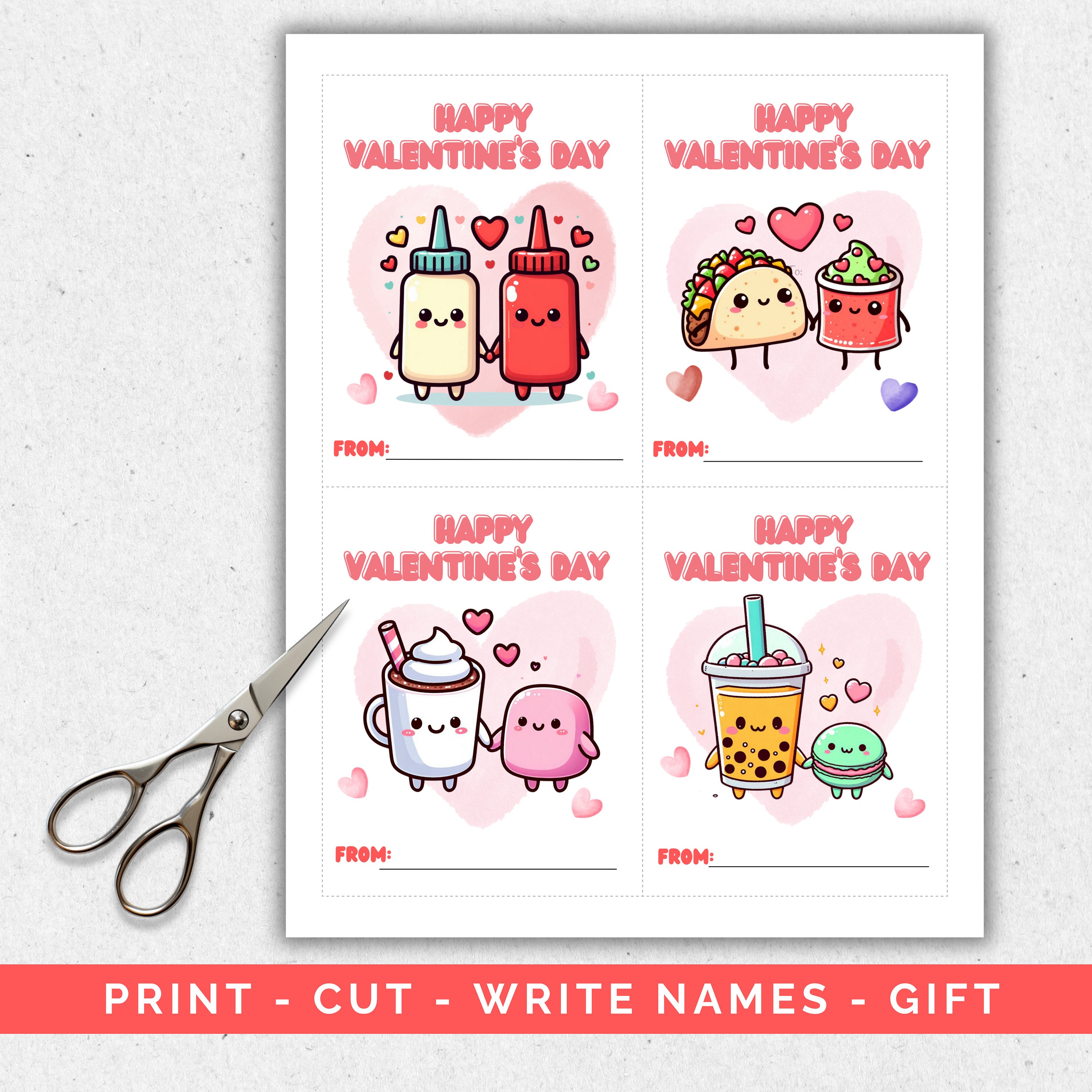 Printable Valentines Cards for Kids, Kawaii Food Valentine's Day Cards ...