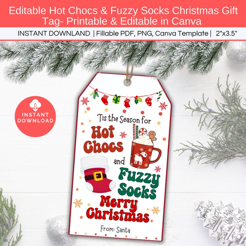Hot Chocs & Fuzzy Socks Tag, Editable Christmas Gift Tag, Hot Cocoa ...