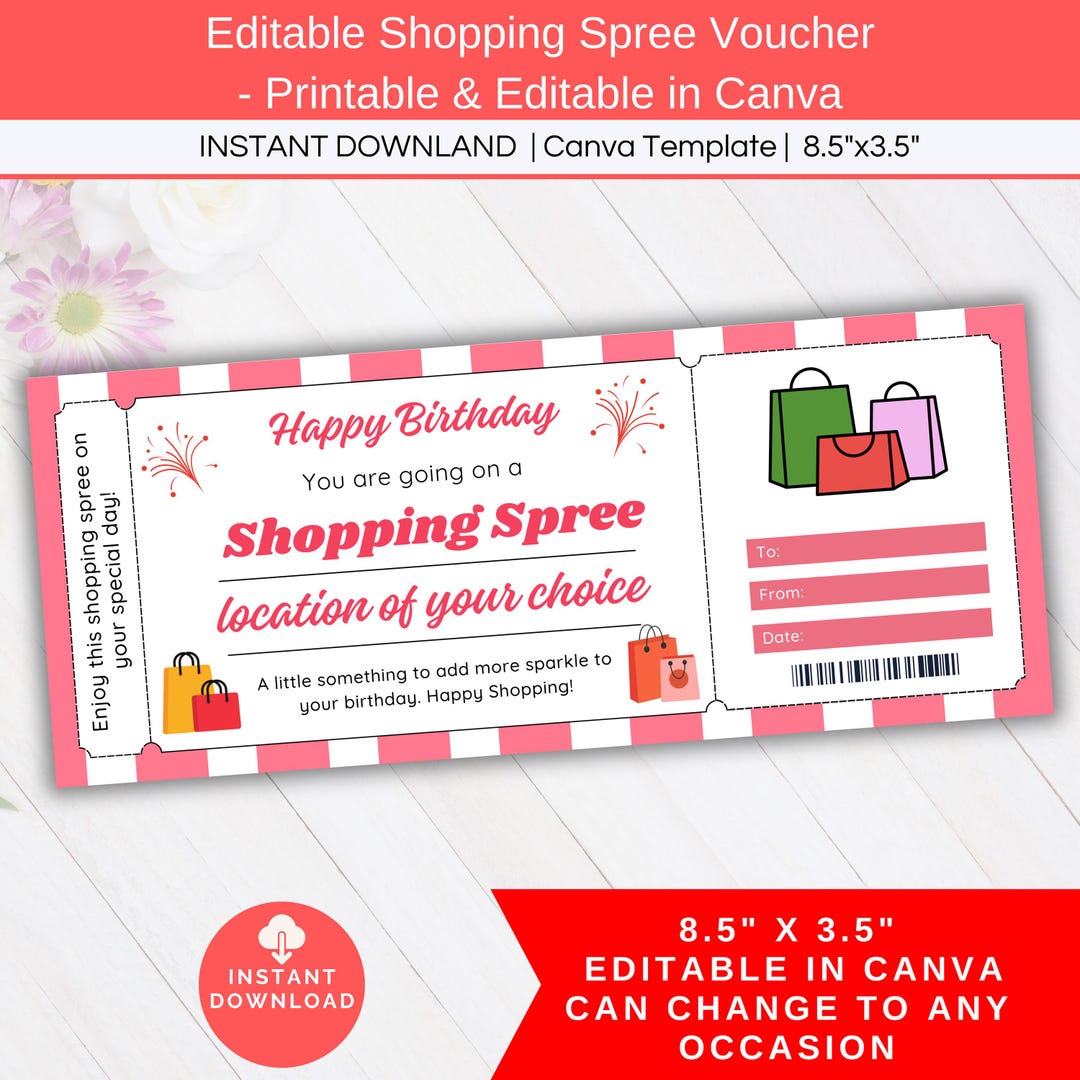 Shopping Spree Birthday Coupon, Editable Shopping Trip Gift Certificate Voucher, Surprise ...