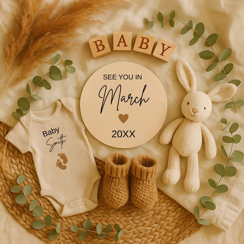 Baby Announcement March 2026 Template, Editable Digital Simple Boho ...