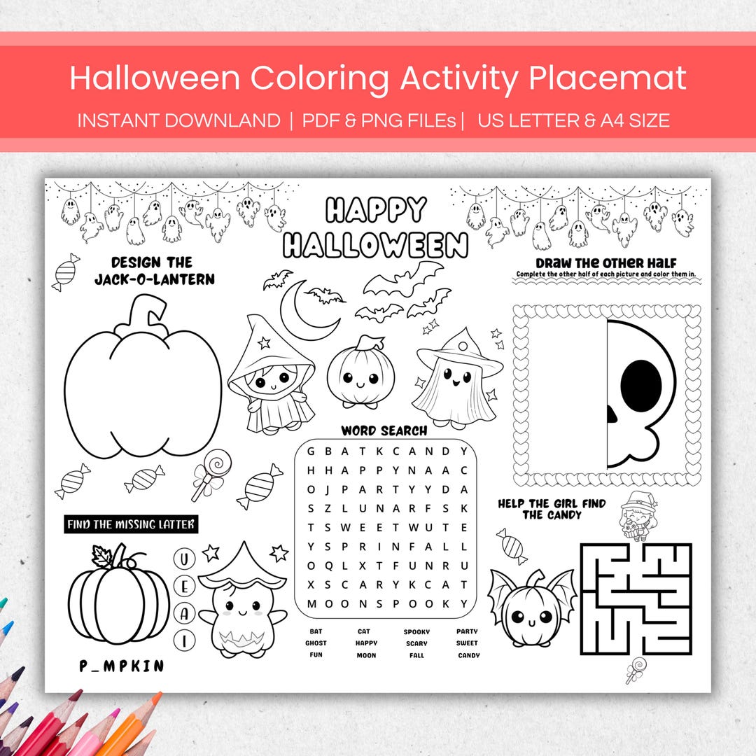 Halloween Activity Page Printable, Halloween Kids Activity Placemat ...