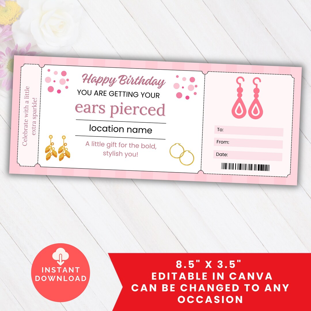 Ear Piercing Birthday Coupon Gift Certificate Editable, Ears Pierced ...