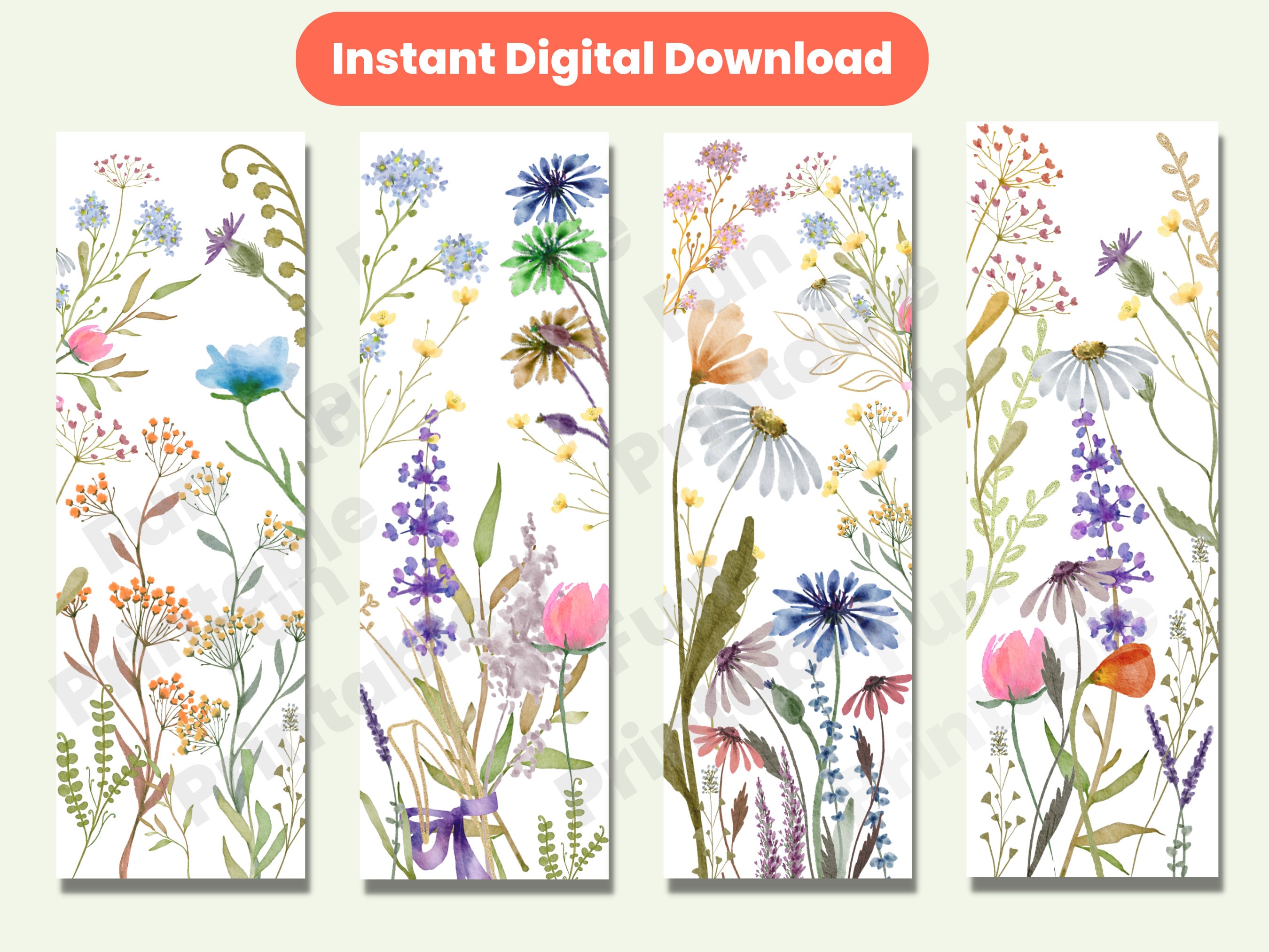 12 Wild Flower Themed Printable Bookmark Set, Watercolor Floral Flower ...