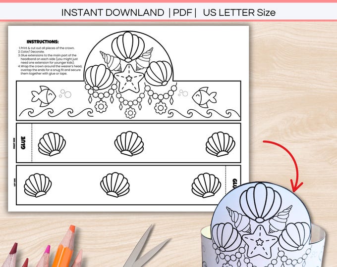 Mermaid Paper Crown Coloring Printable Kids Craft Mermaid Birthday ...