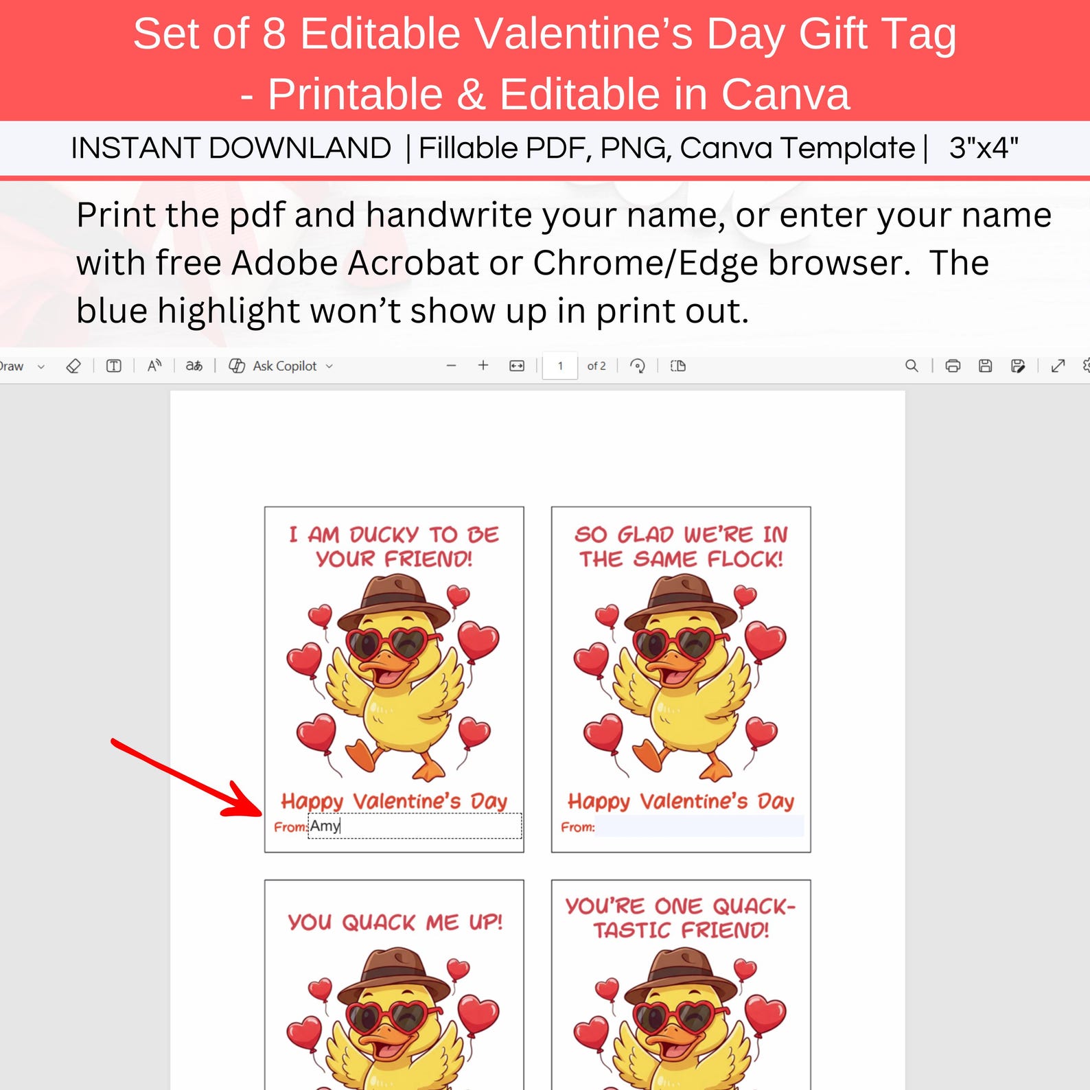 Patito de goma para San Valentín imprimible, tarjetas de San Valentín ...