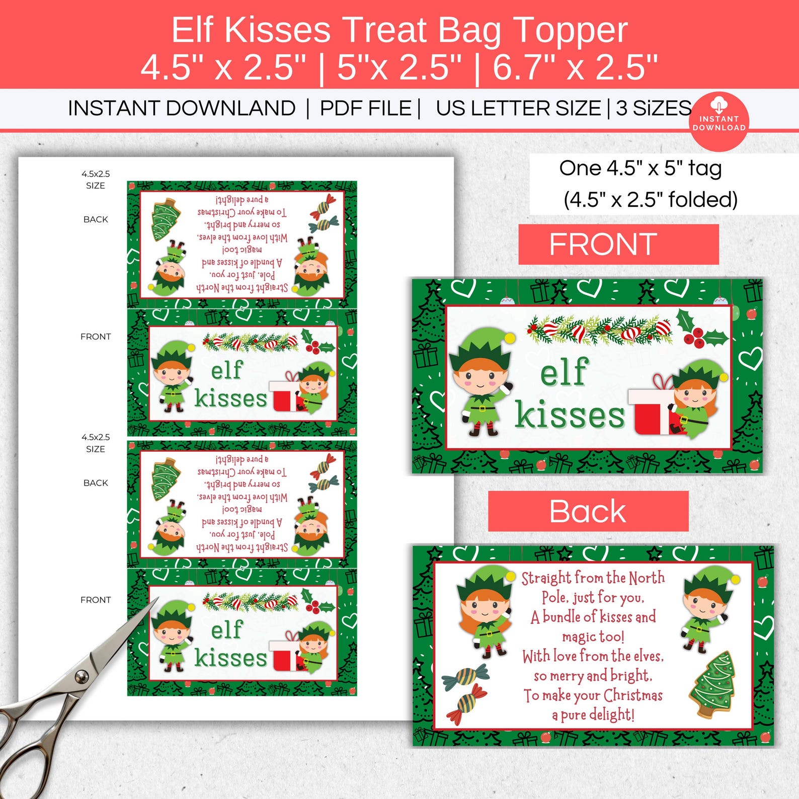 Elf Kisses Treat Bag Tag Topper Printable, Elf Kisses Label, Winter ...