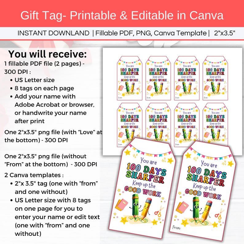 100 Days of School Tag Printable, Editable 100 Days Sharper Pencil Tag ...