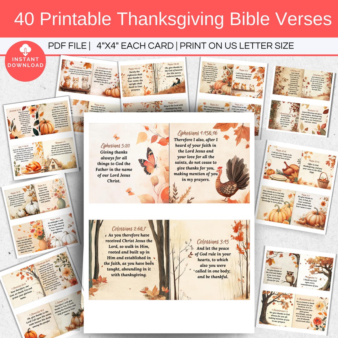40 Thankful Bible Verse Printable Cards, Bible Verse Scripture Memory ...