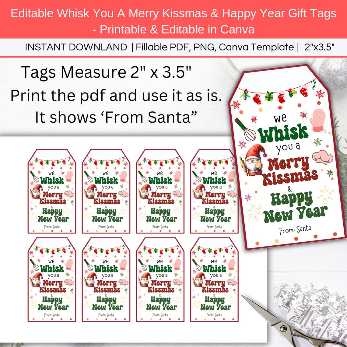 Editable We Whisk You a Merry Kissmas & Happy New Year Gift Tag, Baking ...