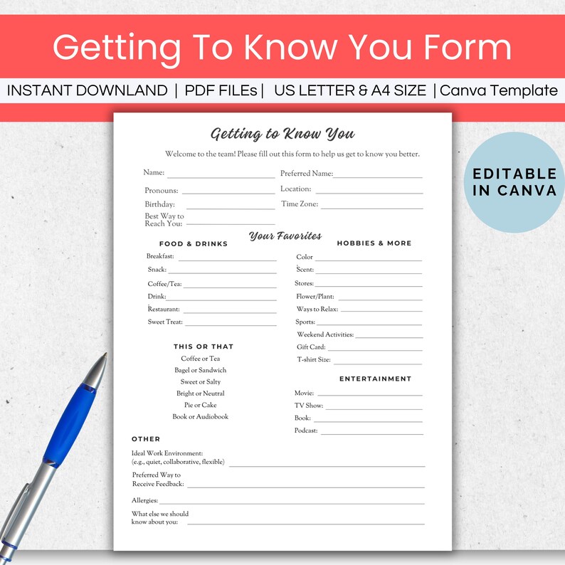 Getting to Know You Form for Employees Printable, Editable All About Me ...