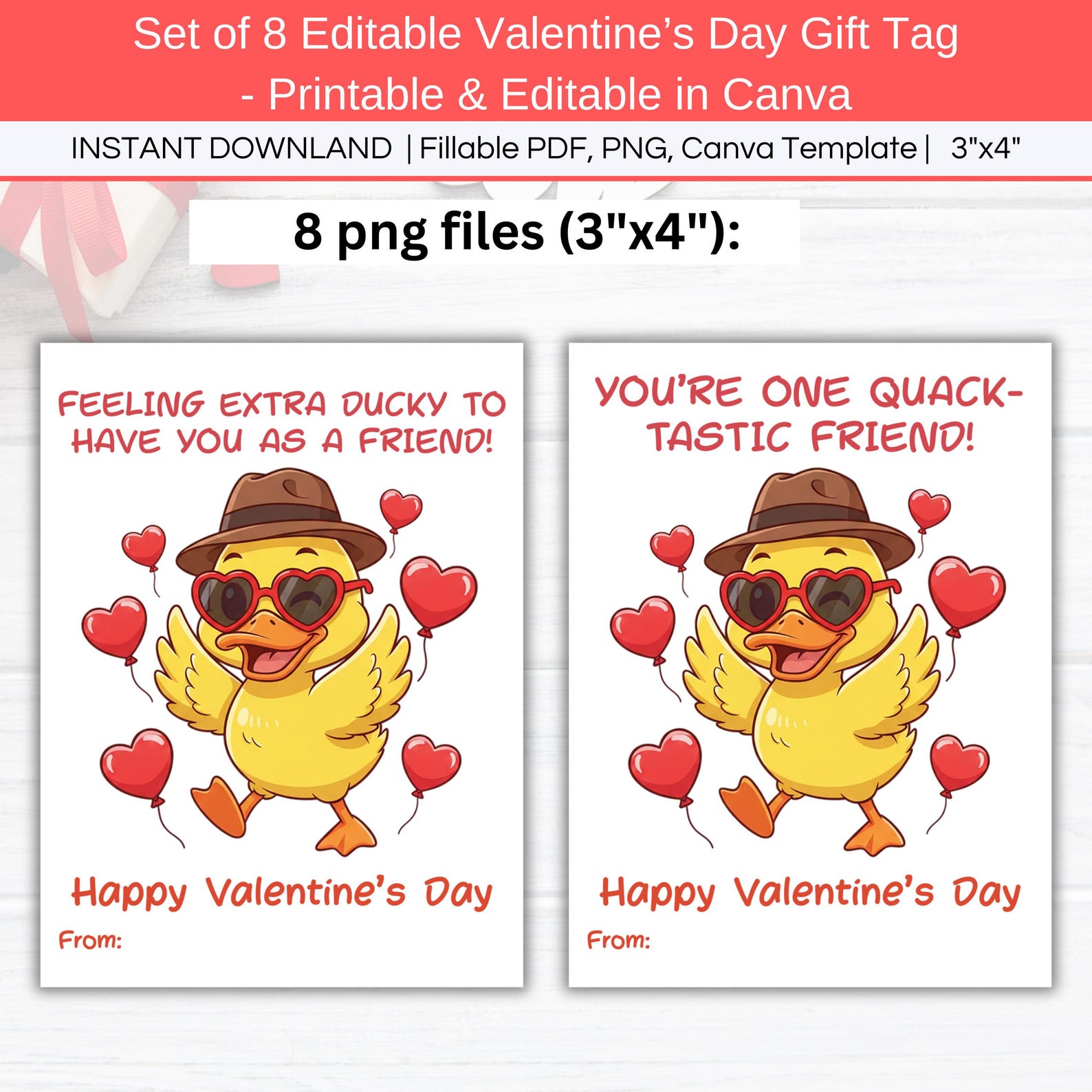 Patito de goma para San Valentín imprimible, tarjetas de San Valentín ...