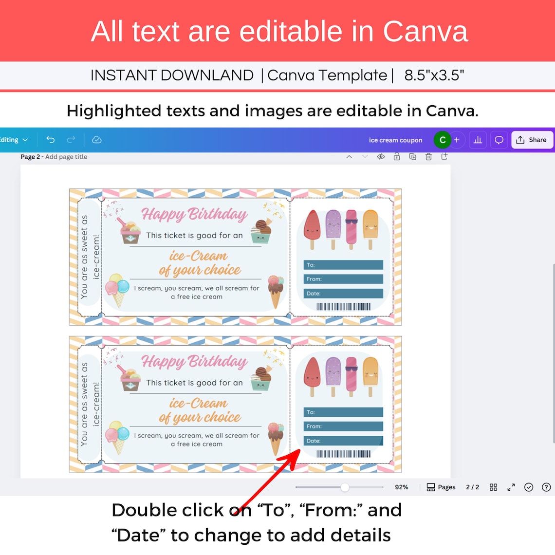 Printable Ice Cream Coupons, Editable Happy Birthday Ice Cream Gift ...