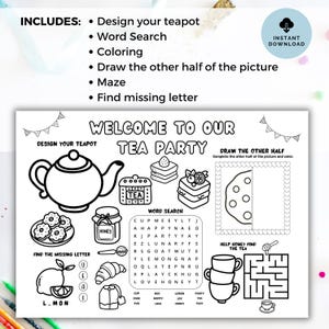 Tea Party Activity Coloring Placemat Sheet Printable, Girl Birthday Tea ...