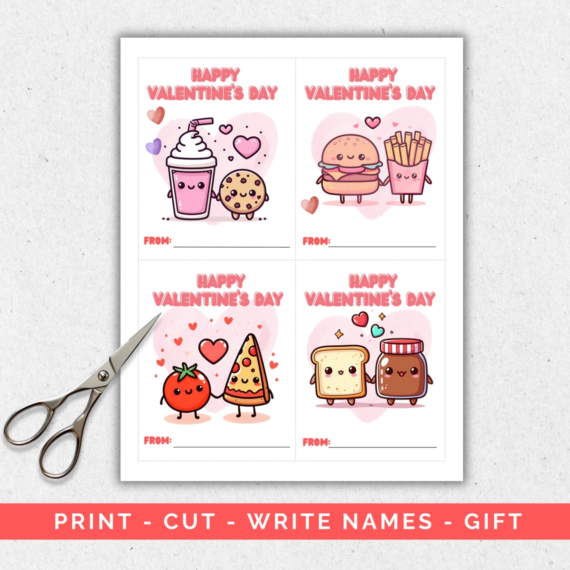 Printable Valentines Cards for Kids, Kawaii Food Valentine's Day Cards ...