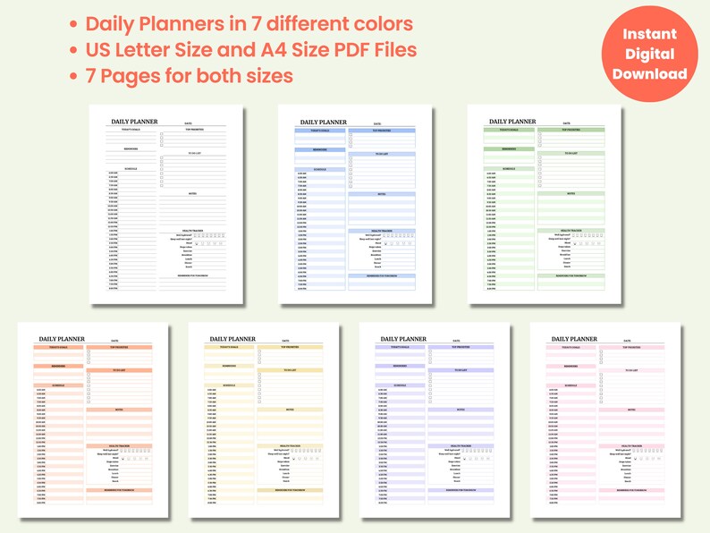 Daily Planner Printable in 7 Colors, Hourly Scheudle, to Do List, Water ...