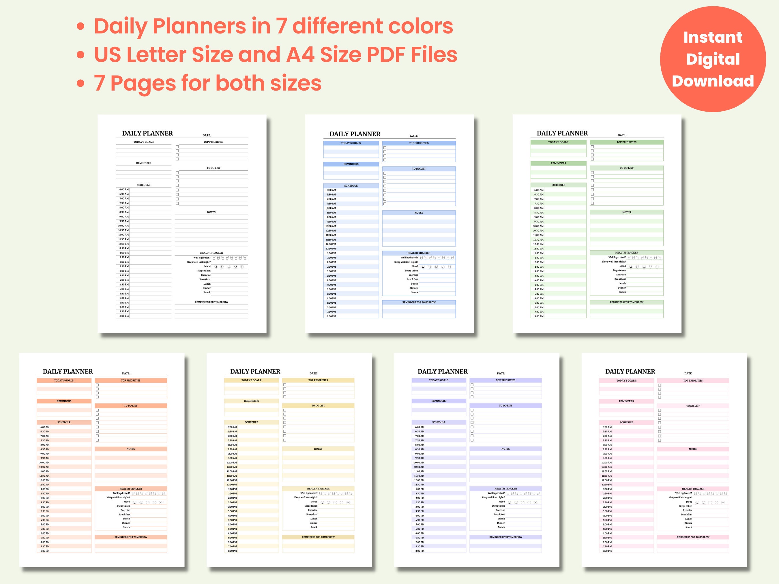 Daily Planner Printable in 7 Colors, Hourly Scheudle, to Do List, Water ...