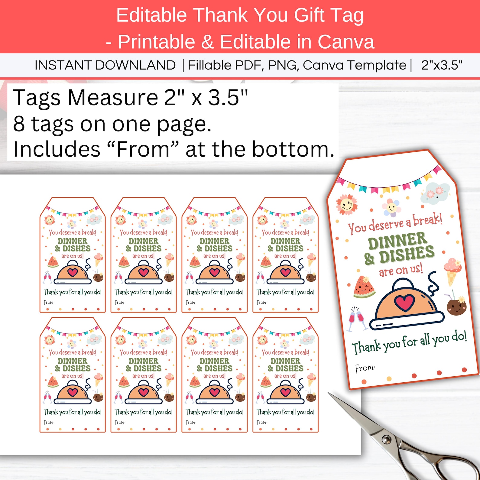 Dinner and Dishes Tag, You Deserve A Break Gift Tag Editable, School ...