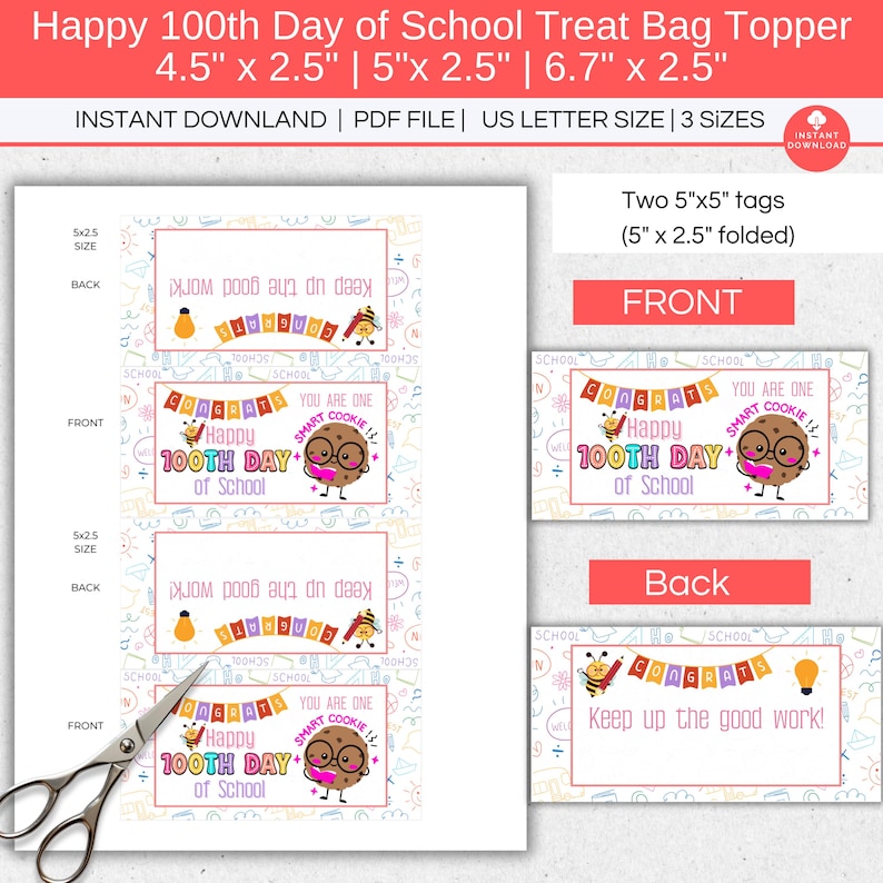 Happy 100th Day of School Treat Bag Topper Printable, 100 Days Smarter ...