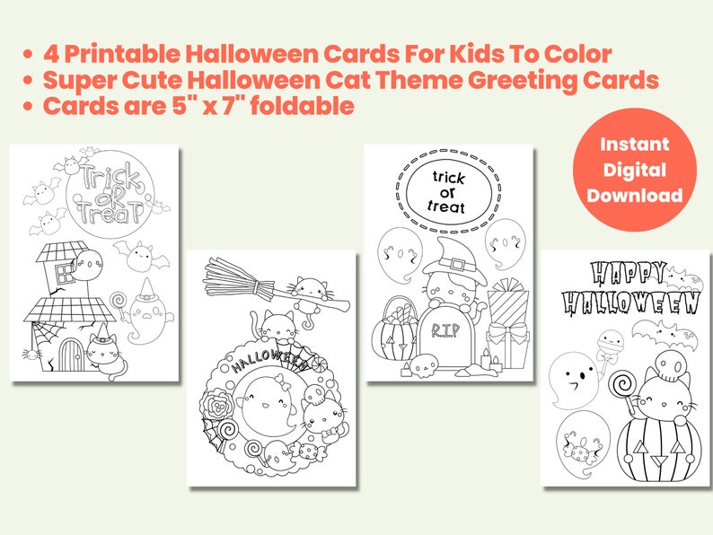 4 Printable Cute Cats and Ghosts Coloring Halloween Greeting - Etsy