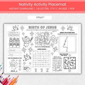 Nativity Activity Placemat for Kids, Christmas Birth of Jesus Coloring ...