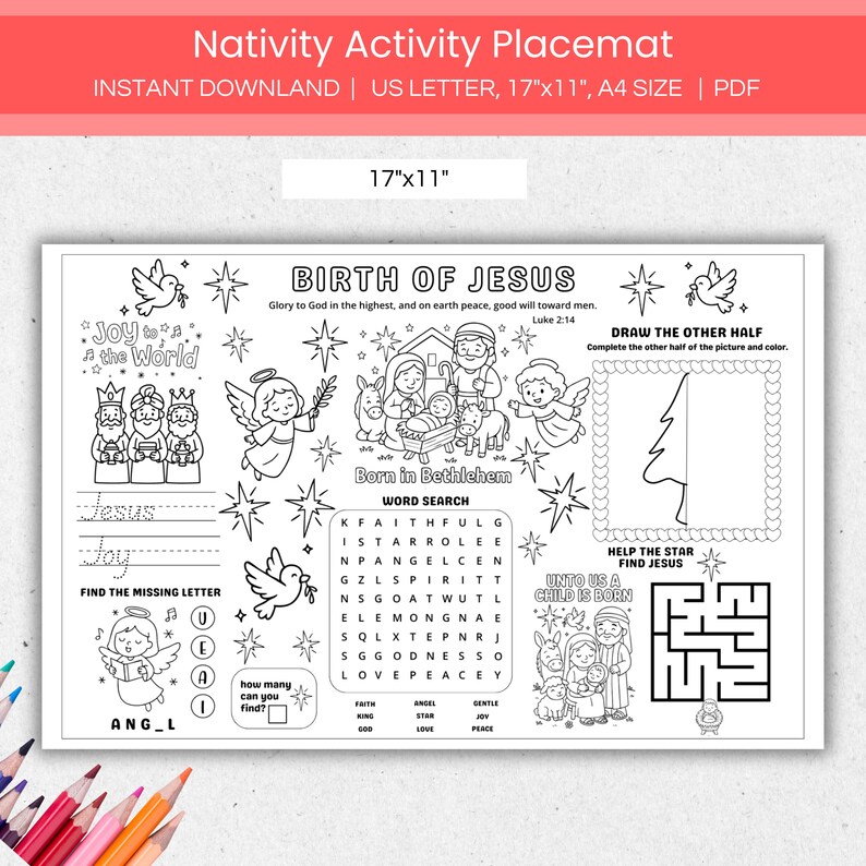 Nativity Activity Placemat for Kids, Christmas Birth of Jesus Coloring ...