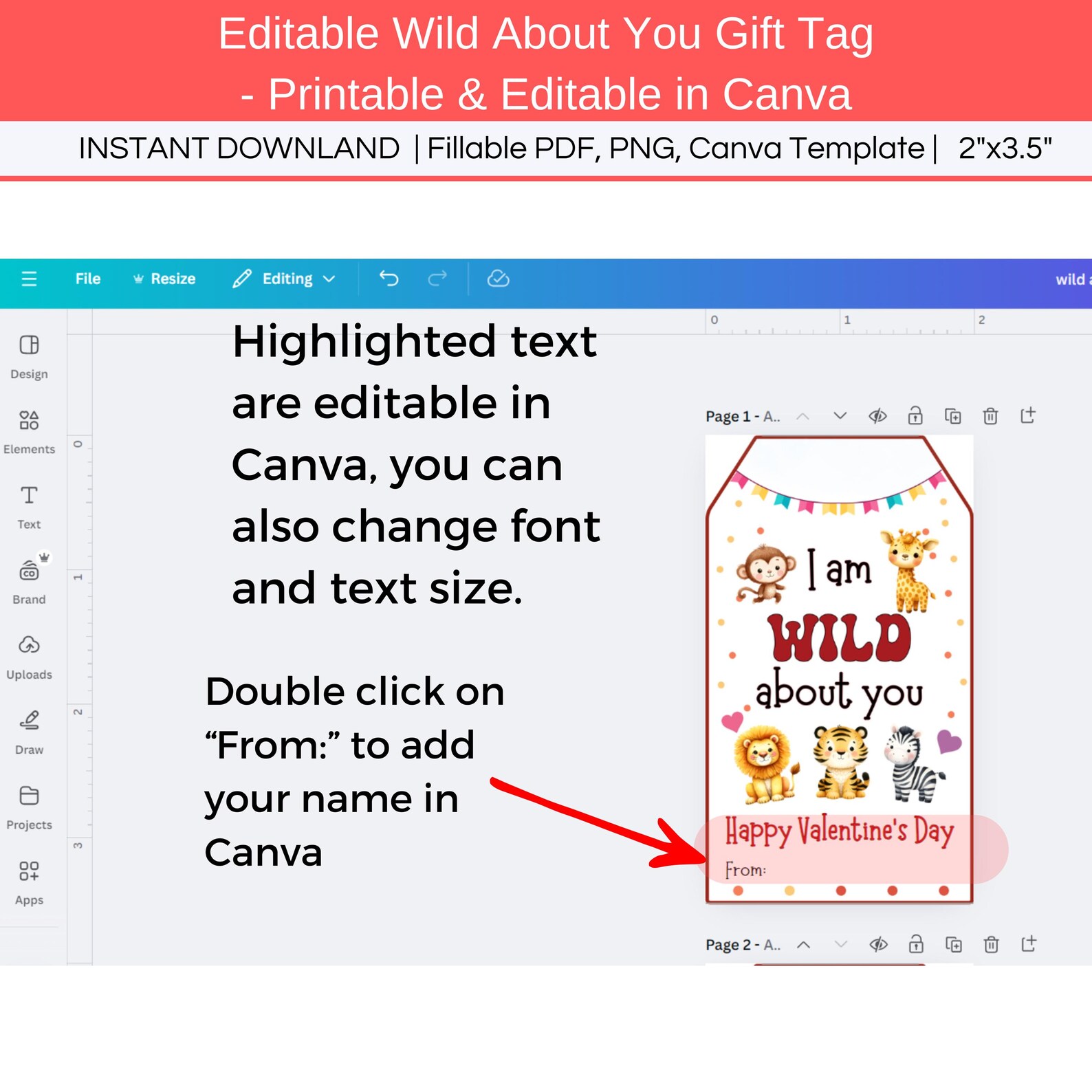 Wild About You Tag Printable, Editable Valentine Animal Cracker Tags ...