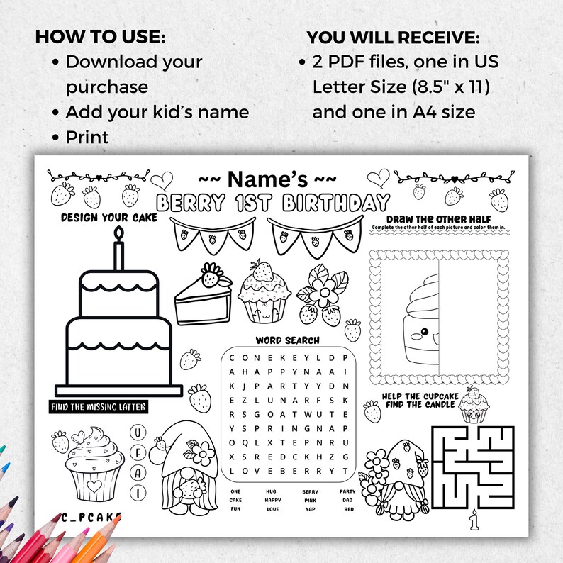 Editable Berry 1st Birthday Party Activity Placemat Coloring Sheet ...