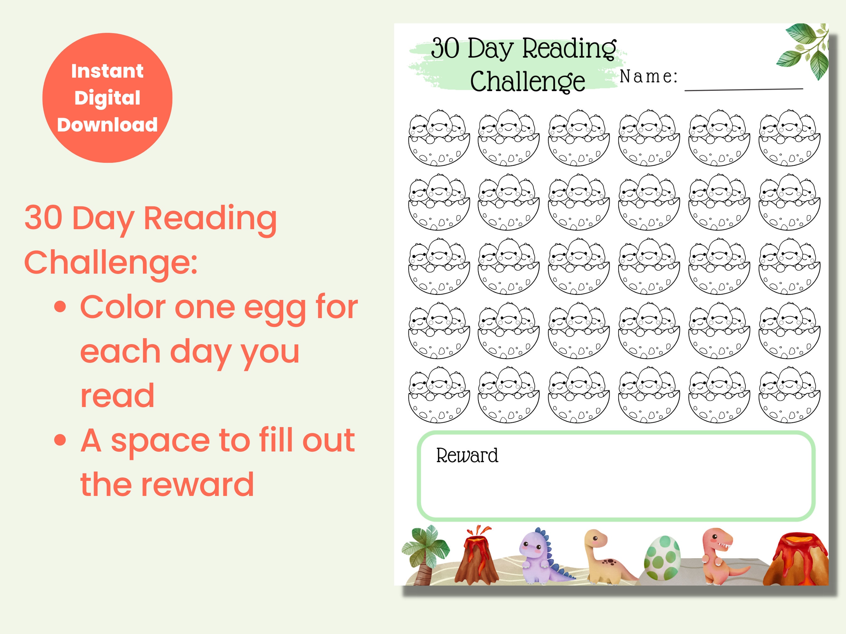 Reading Log Tracker for Kids Printable Cute Dinosaur Theme, Reading ...