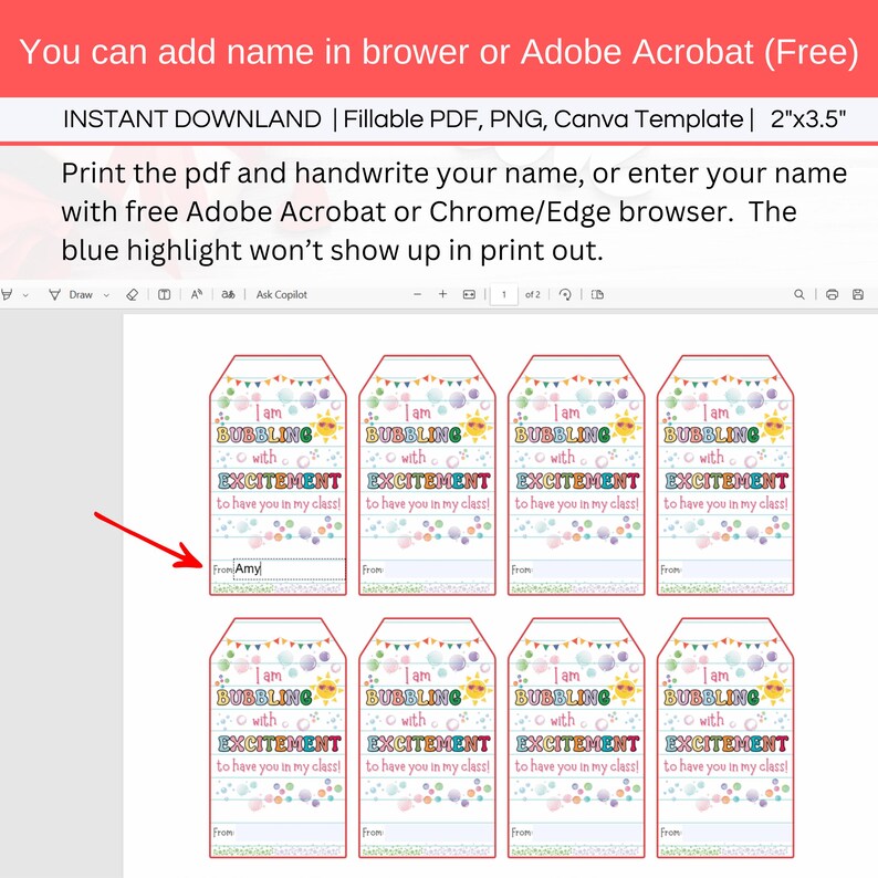 Bubbles Gift Tag Printable for First Day of School, Bubbling With ...