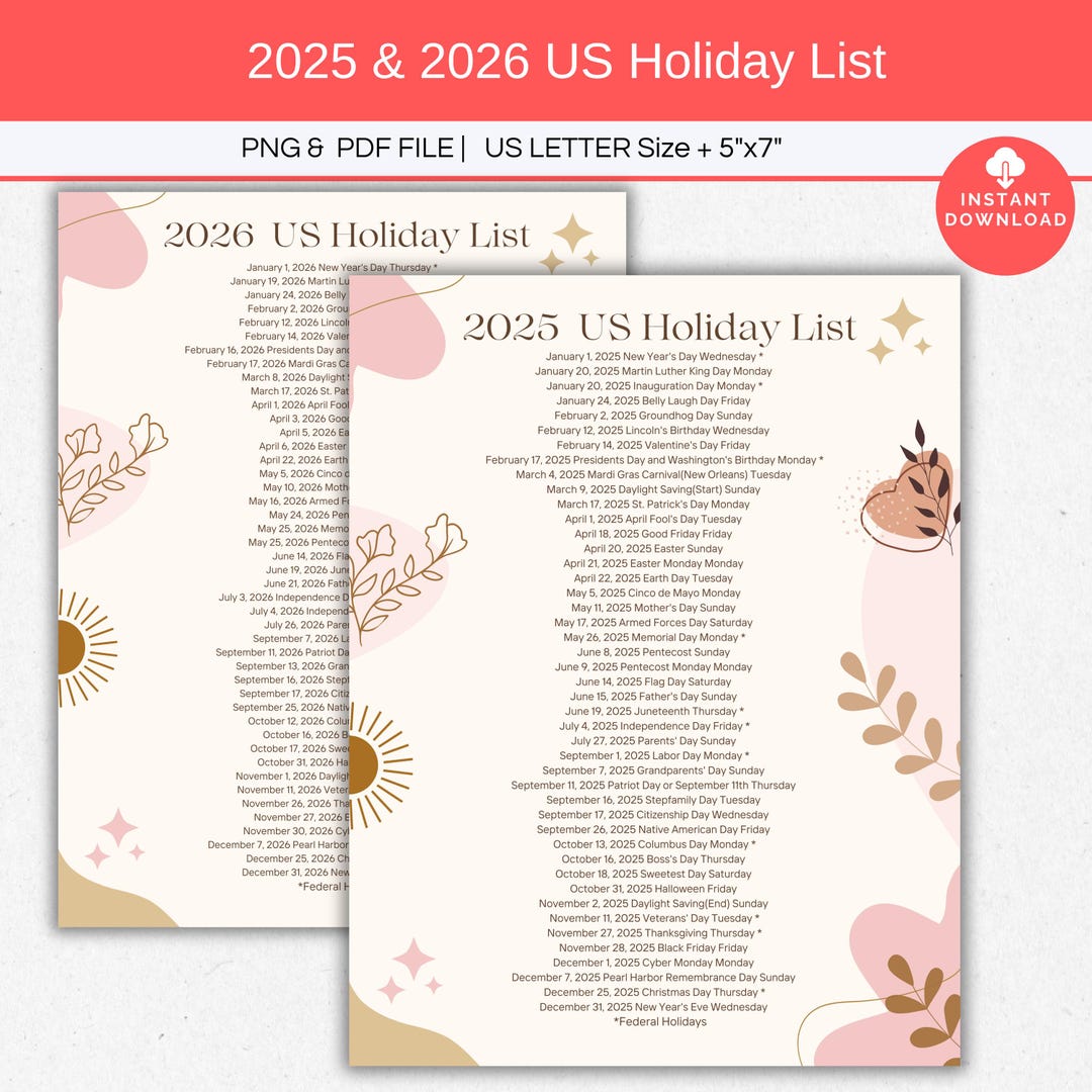 2025 Holiday List, 2026 Holiday List Printable, US Federal Holidays ...