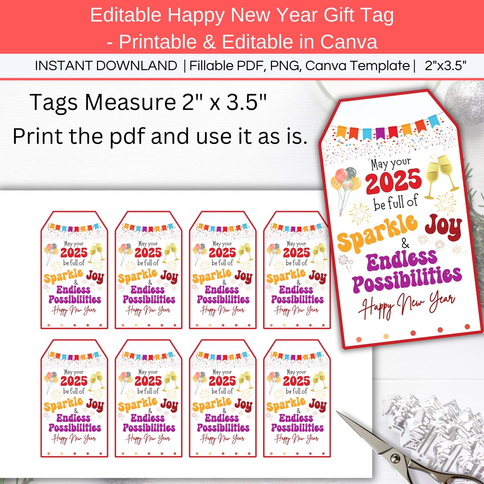 Happy New Year 2025 Gift Tags Printable, Sparkle Joy Gift Tag Editable ...