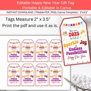 Happy New Year 2025 Gift Tags Printable, Sparkle Joy Gift Tag Editable ...