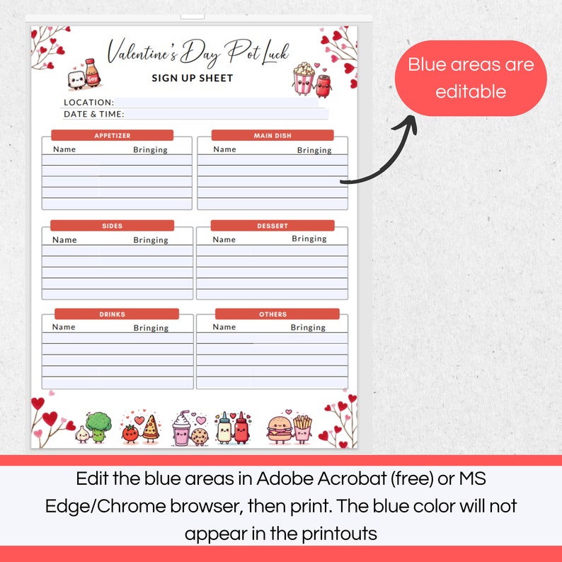 Editable Valentine's Day Pot Luck Sign up Sheet Printable, Potluck ...