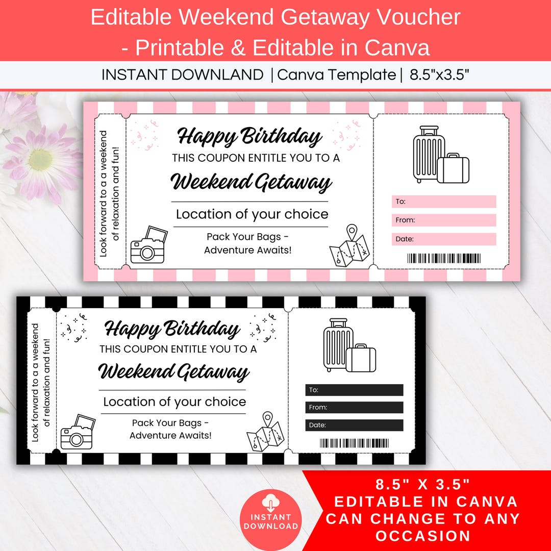 Weekend Getaway Coupon, Surprise Birthday Trip Editable Voucher, Custom ...