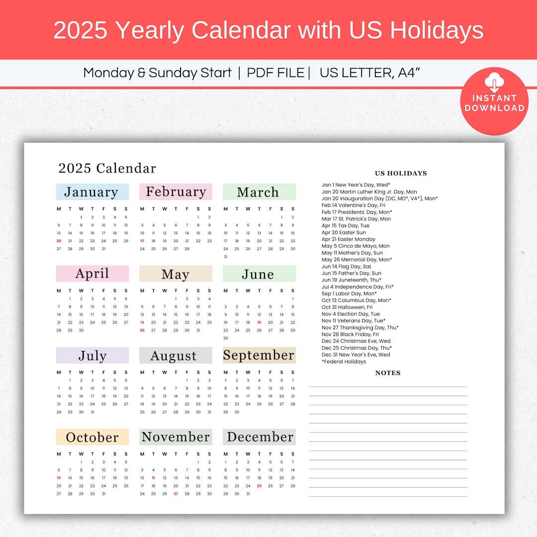 2025 Yearly Calendar With Holidays One Page, Single Page Yearly ...