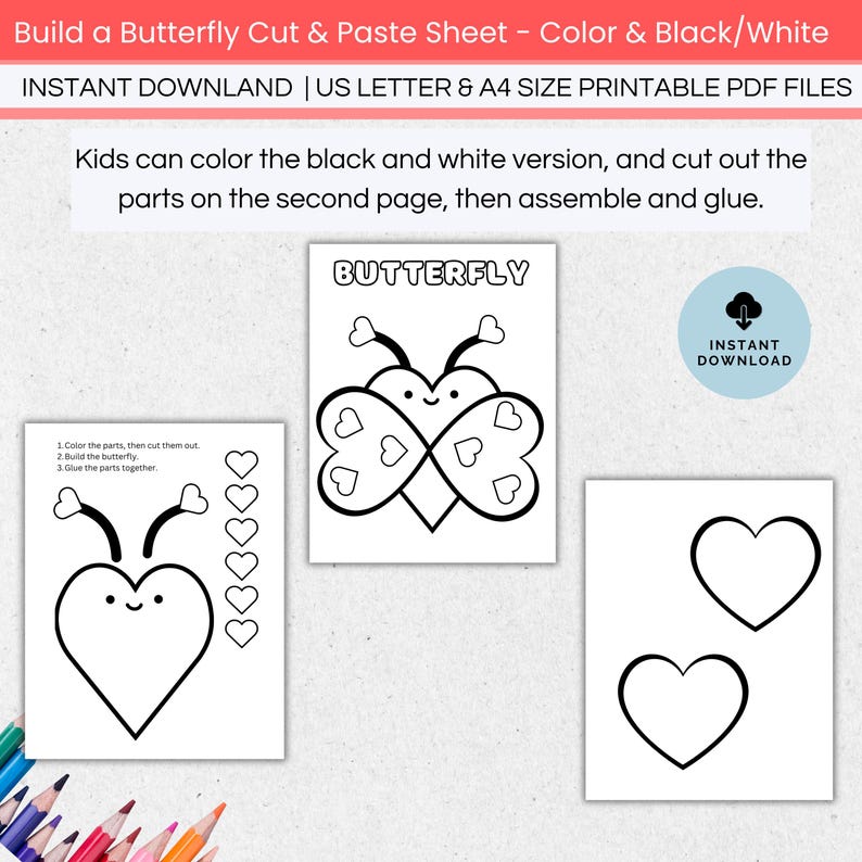 Build a Butterfly Cut and Paste Valentines Day Craft Printable, Kid ...