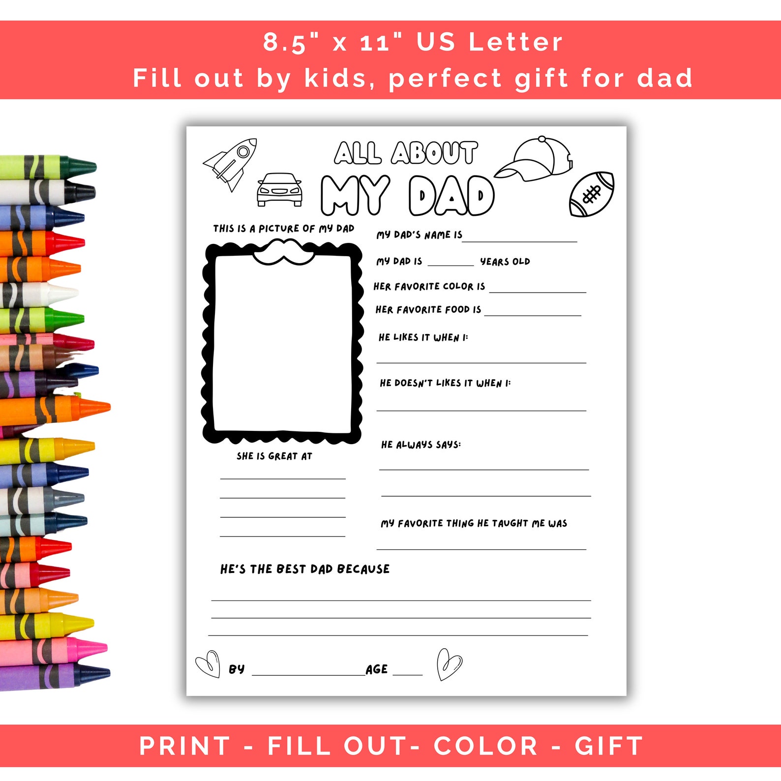 All About My Dad Questionnaire Coloring Page, Printable Father's Day ...