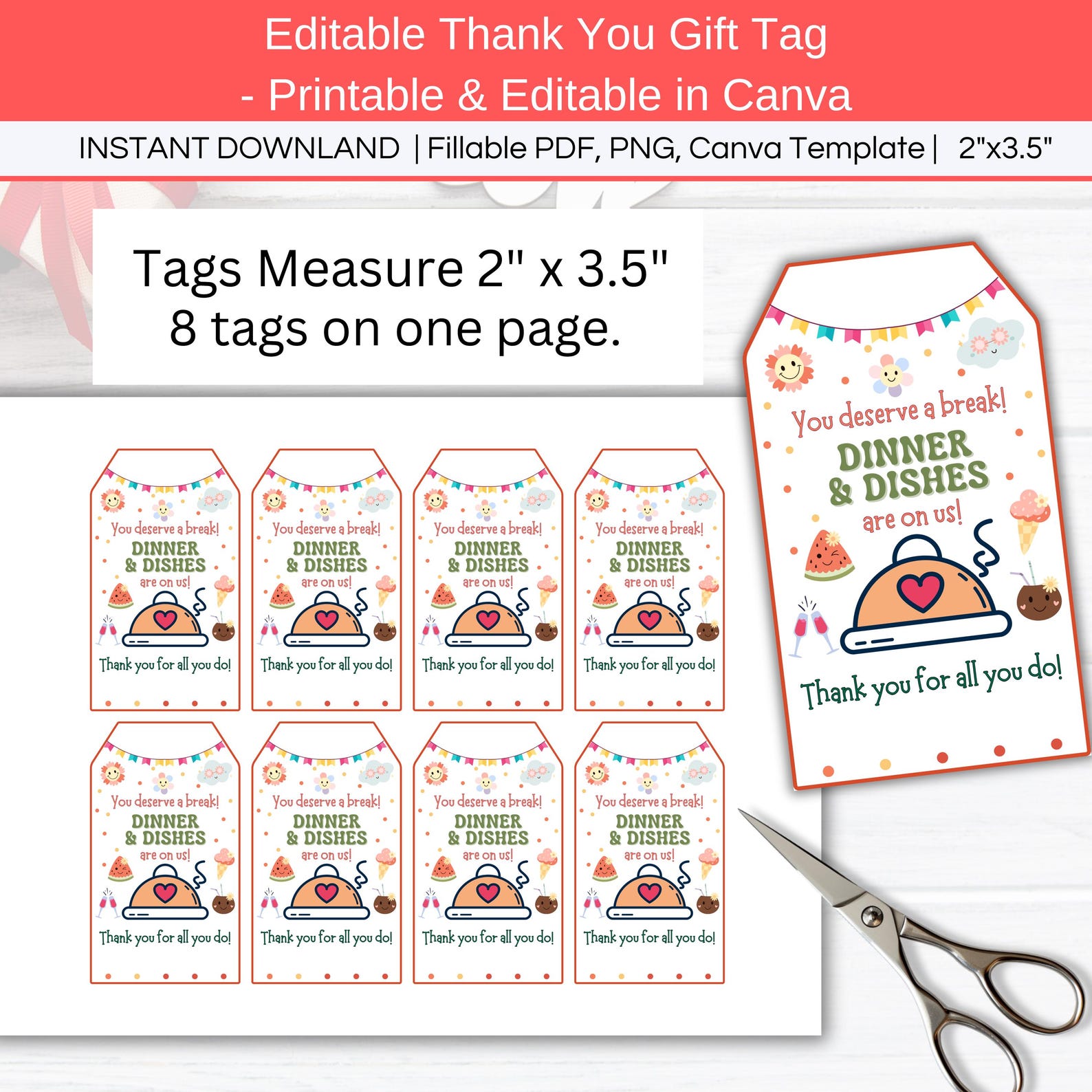 Dinner and Dishes Tag, You Deserve A Break Gift Tag Editable, School ...