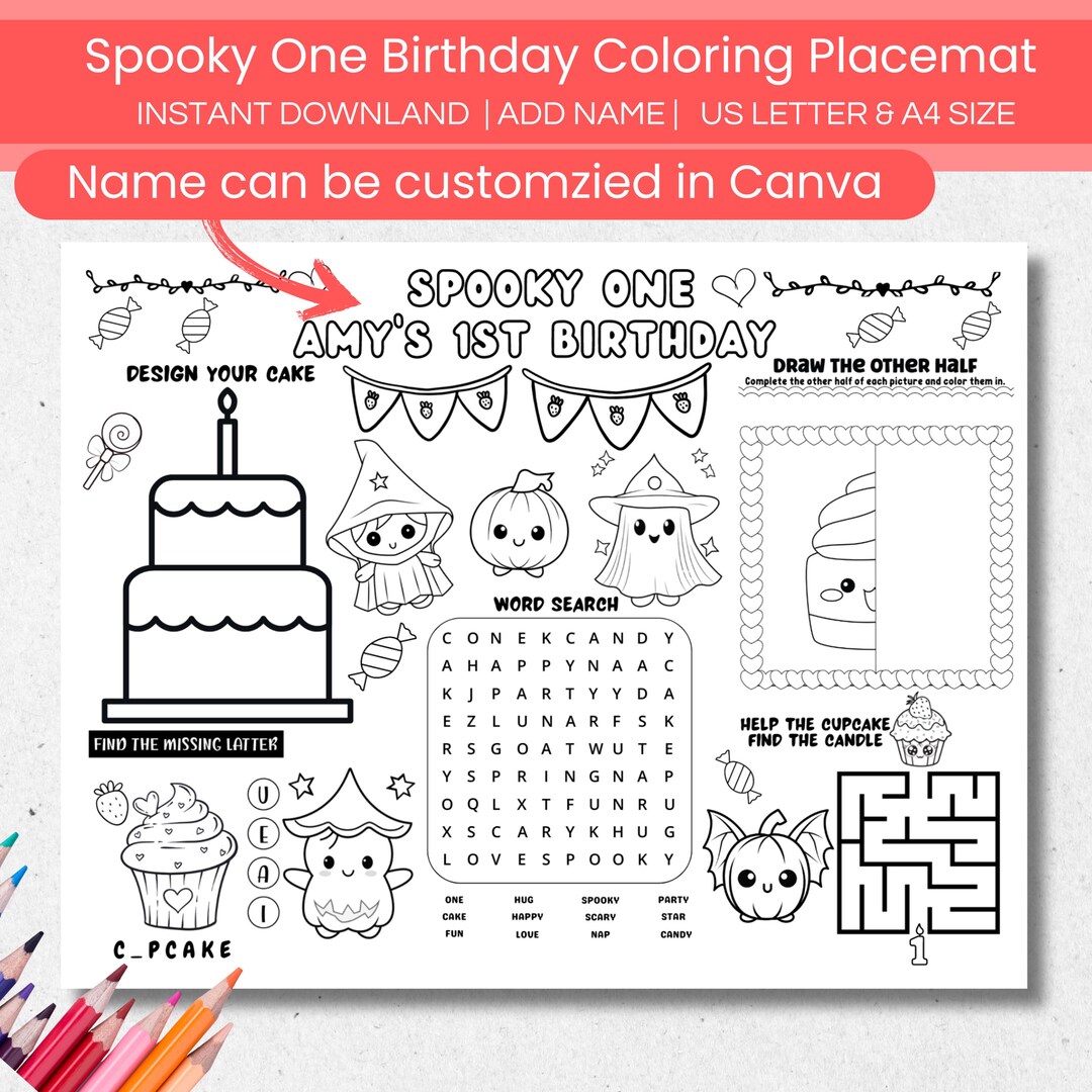 Editable Spooky One 1st Birthday Party Activity Placemat Coloring Sheet ...