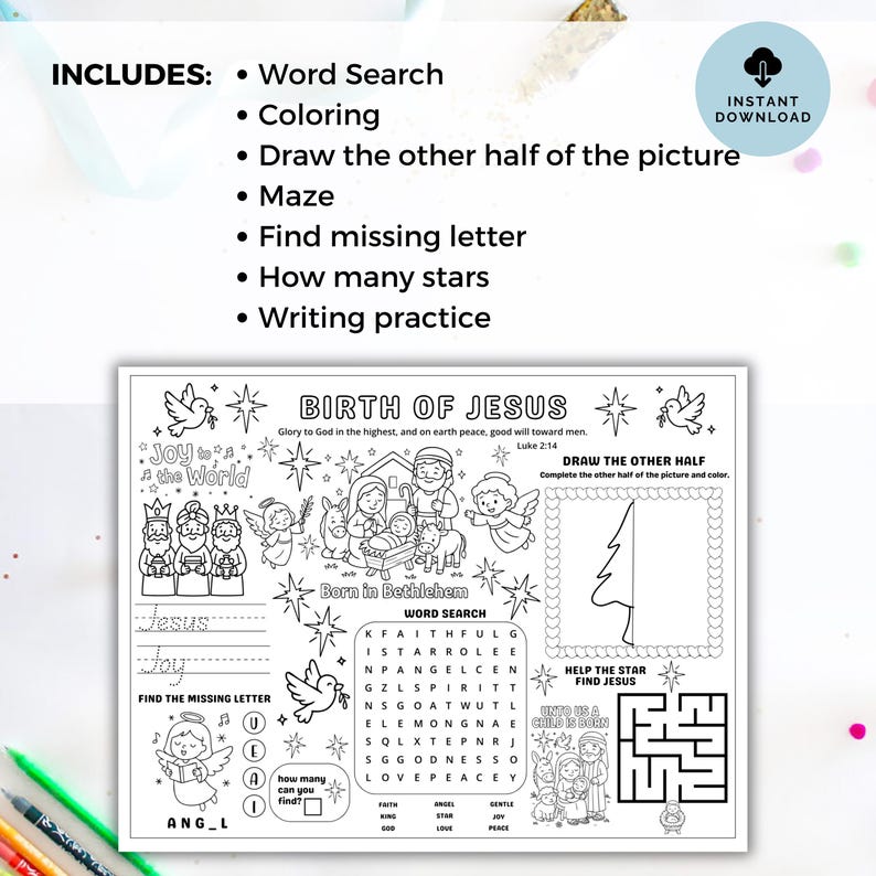 Nativity Activity Placemat for Kids, Christmas Birth of Jesus Coloring ...