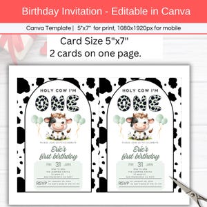 Holy Cow I'm One Birthday Party Invitation, Editable Green Cow Print ...