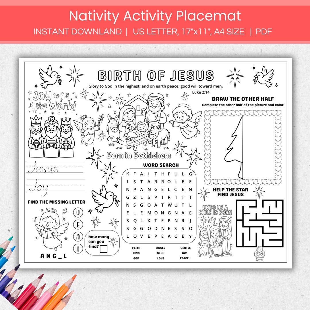 Nativity Activity Placemat for Kids, Christmas Birth of Jesus Coloring ...