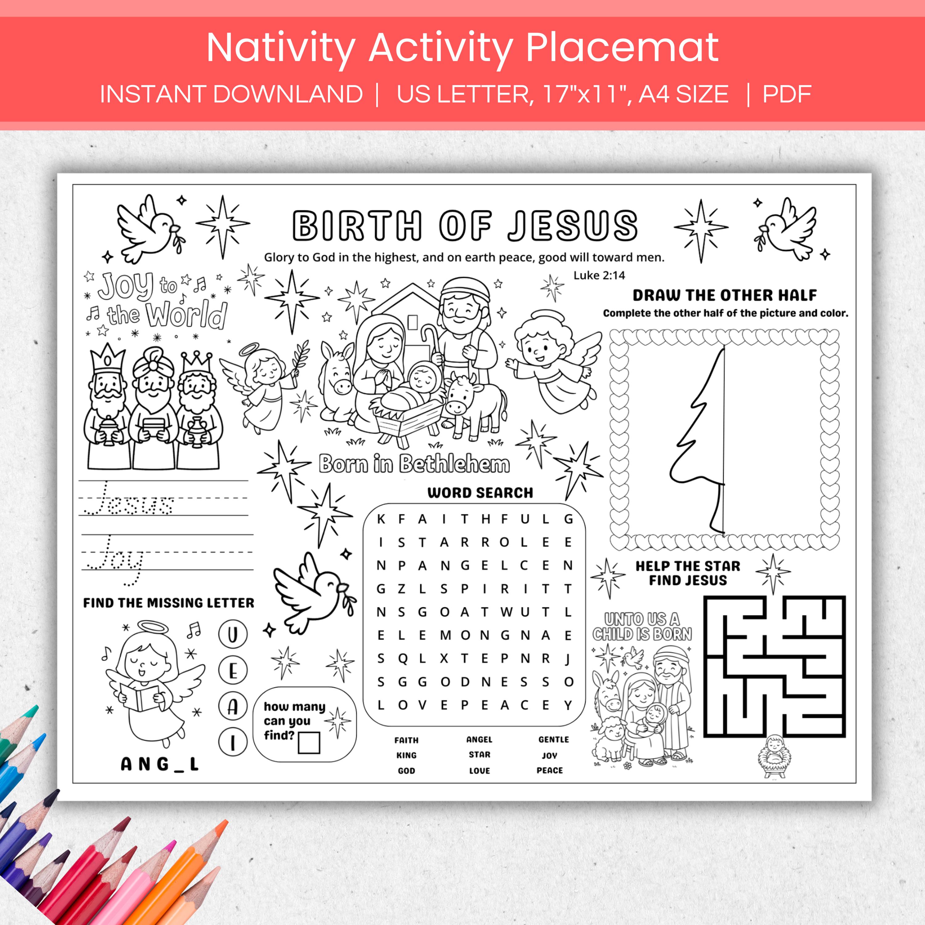 Nativity Activity Placemat for Kids, Christmas Birth of Jesus Coloring ...
