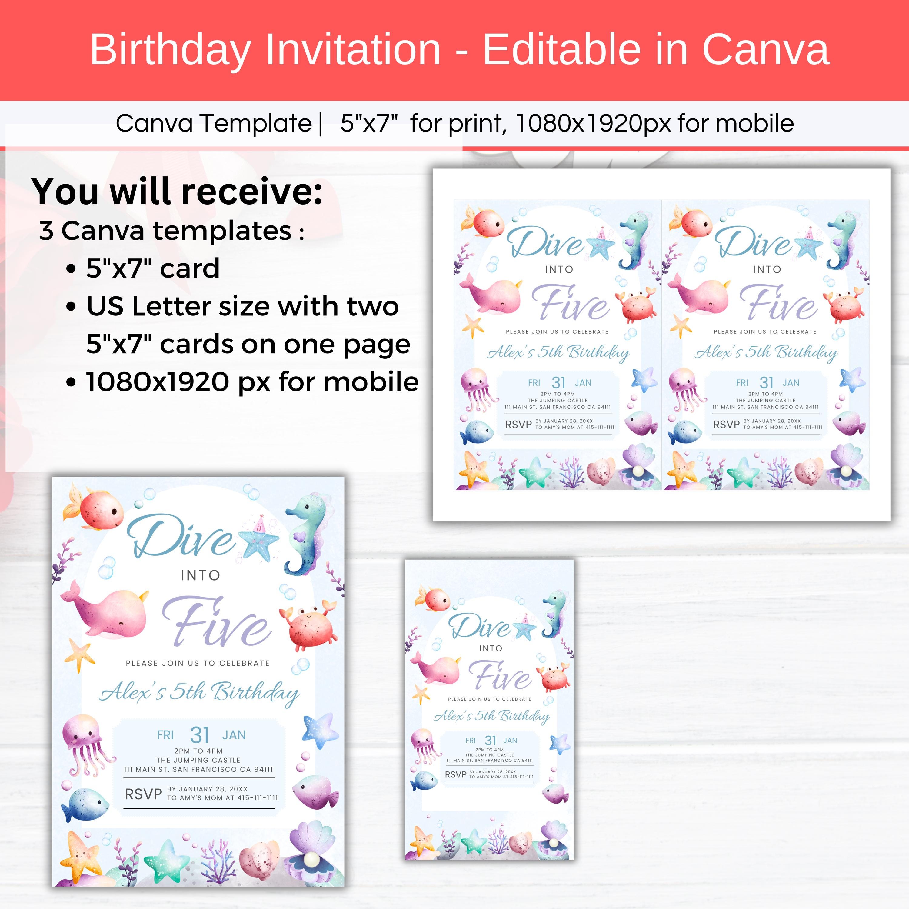 Dive Into Five Birthday Invitation, Editable Ocean Sea Creature Theme ...