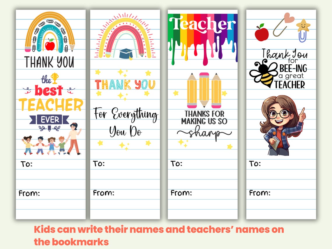 Printable Teacher Appreciation Bookmark Set, Teacher Bookmark, Thank ...