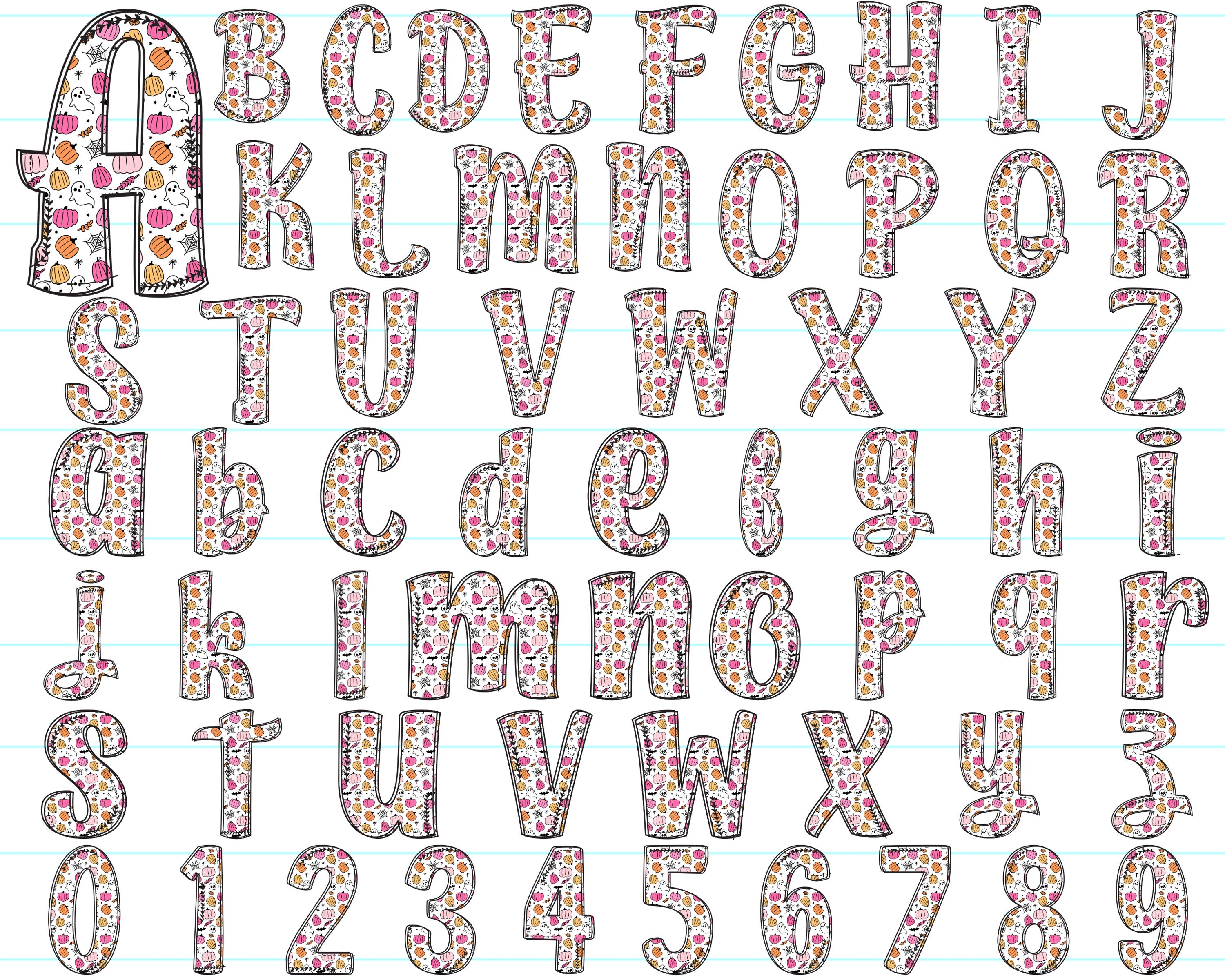 Pink Halloween Doodle Font Alphabet Clipart Bundle, 8 Full Sets Alpha ...