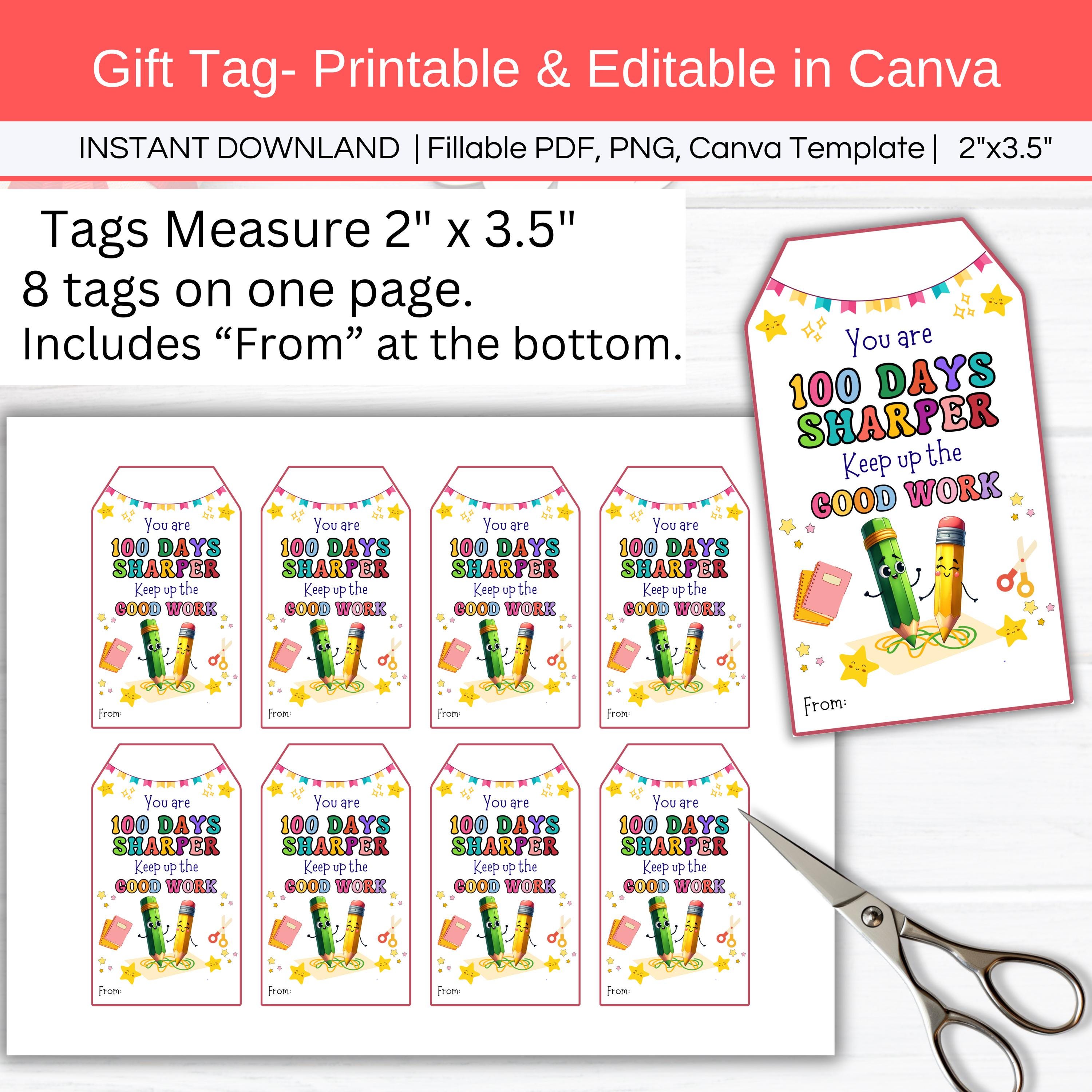 100 Days of School Tag Printable, Editable 100 Days Sharper Pencil Tag ...