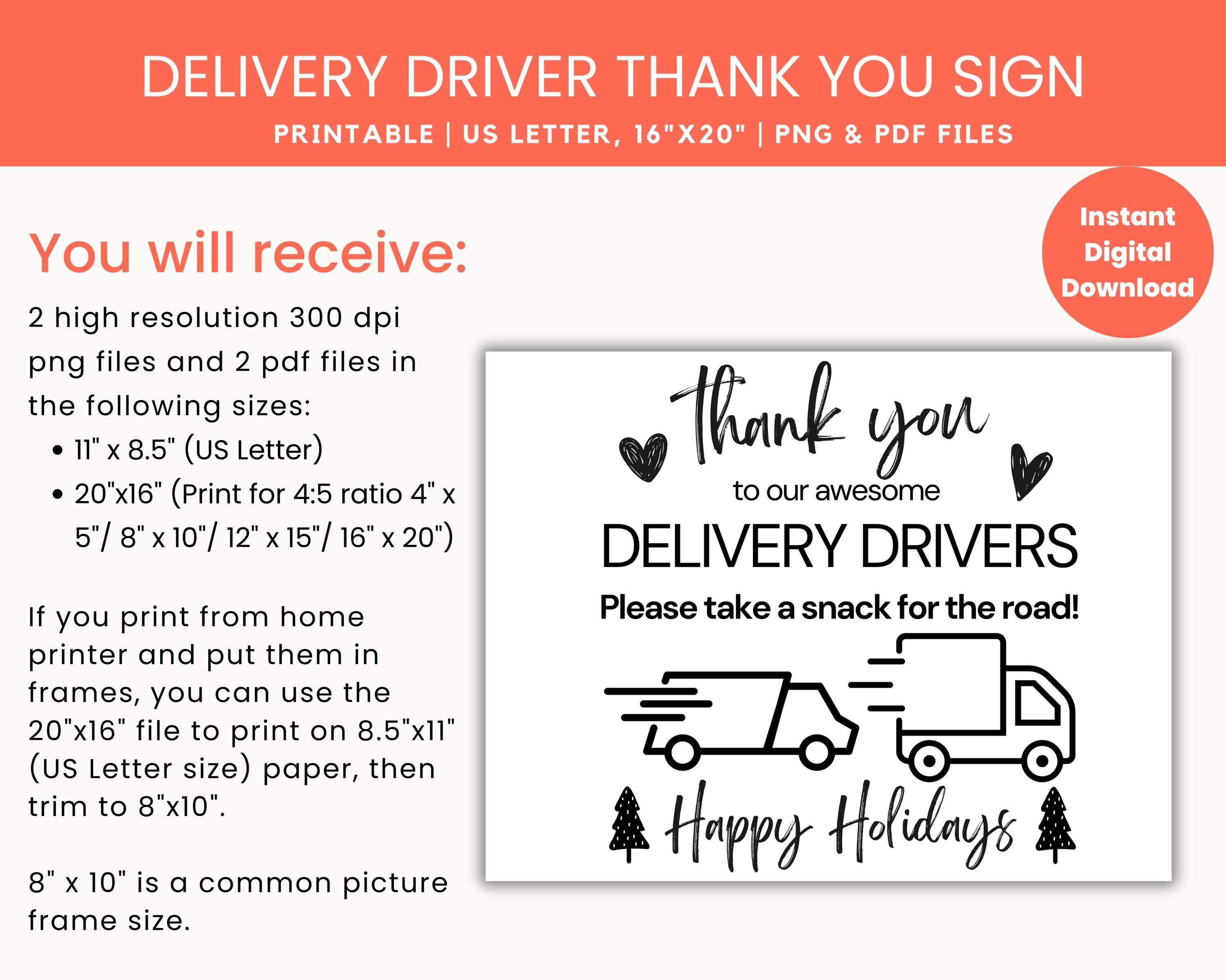 Delivery Driver Thank You Printable Sign, Delivery Driver Appreciation ...