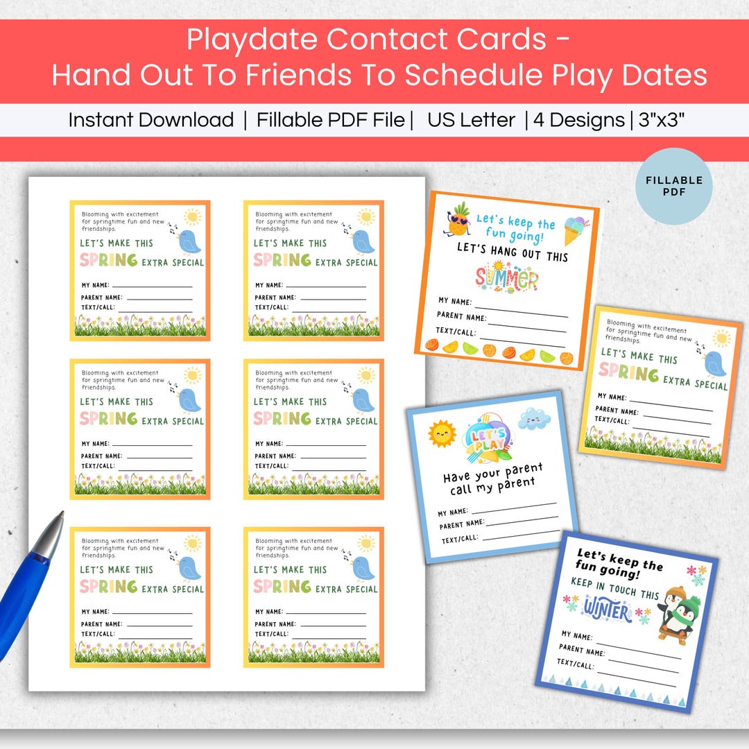 Printable Kids Playdate Cards, Fillable Keep in Touch Cards, Kids ...